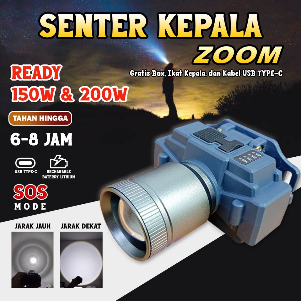Jual COD Senter Kepala LED Zoom Super Terang 150W 200W Watt Headlamp ...