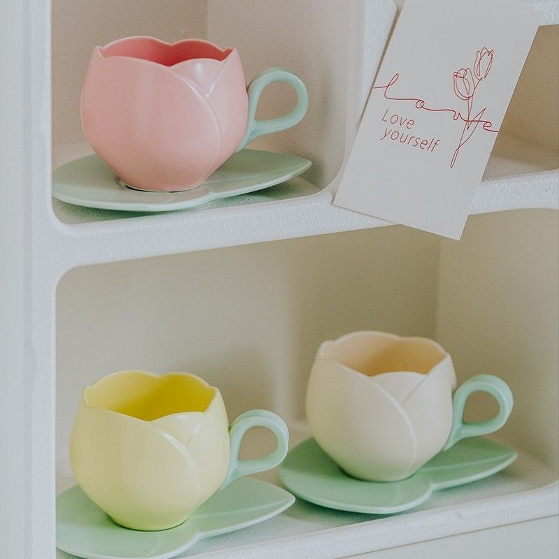 Jual Tulip Ceramic Mug Cup Coffee Milk Cup with Handle Flower-shaped ...