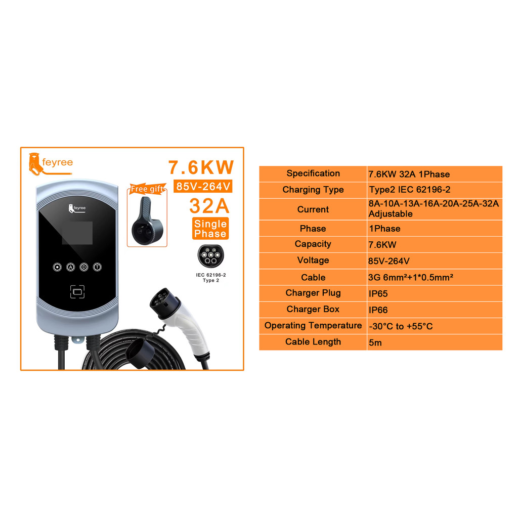 Jual feyree Type2 EV Charger 32A 7.6KW 1Phase EVSE Wallbox 11KW 22KW 3 ...