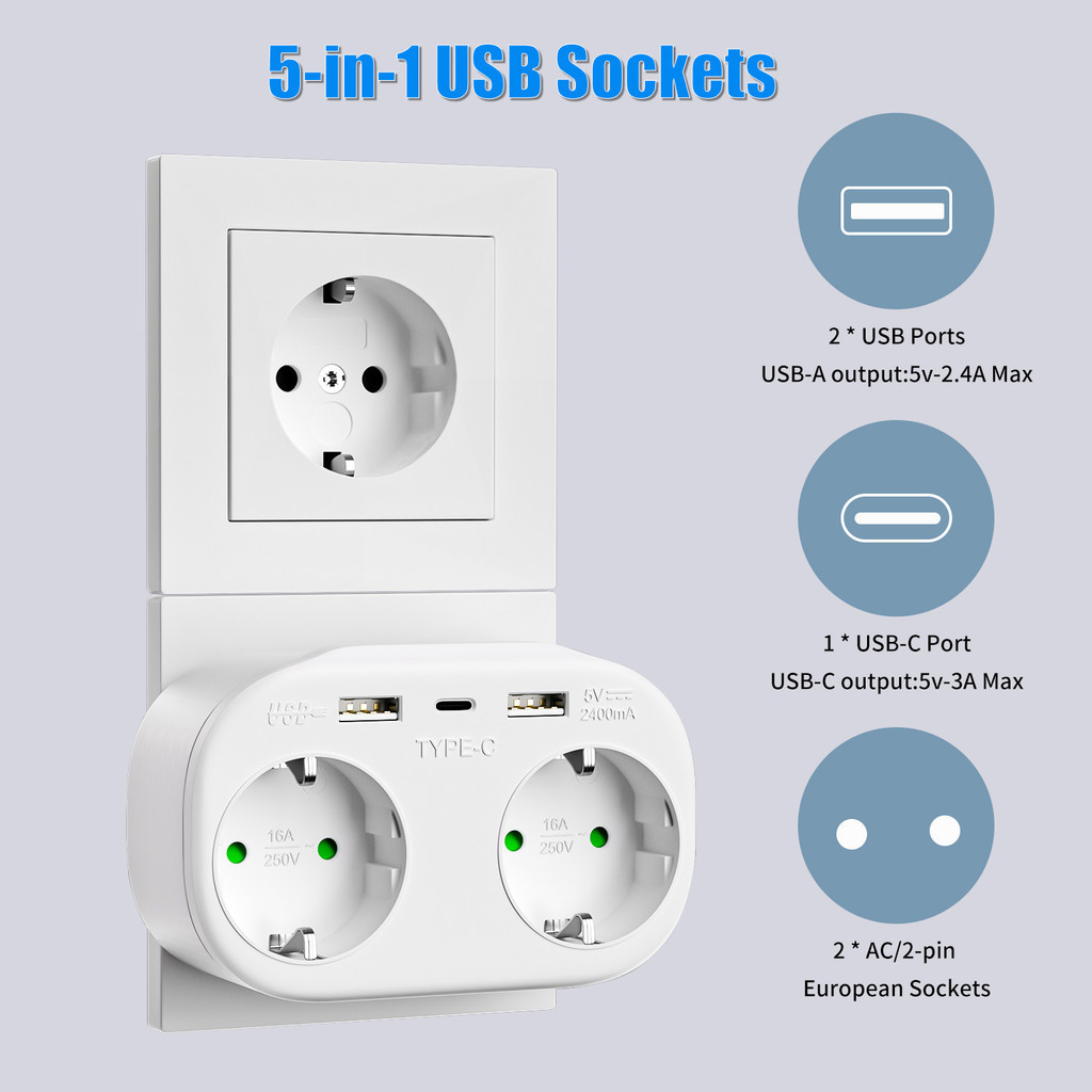 Jual USB Socket EU Electrical Outlets Converter, Double Plug Schuko ...