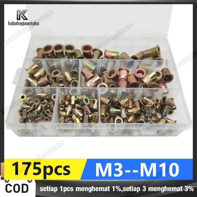 Jual (175PCS) M3 M4 M5 M6 M8 M10 Mur Rivet Nut Rivnut Kuning Besi ...