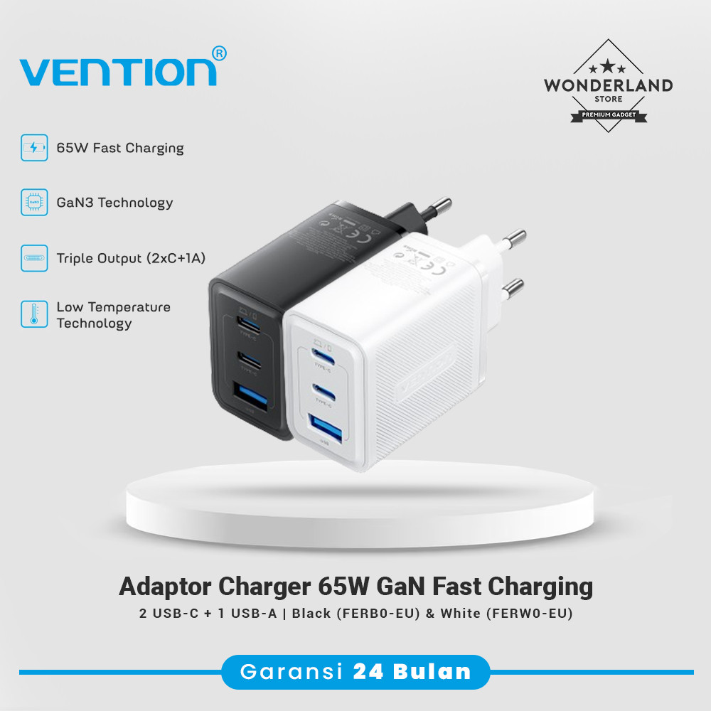 Jual Vention Adaptor Charger 65W 2 USB-C + 1 USB-A (65W/65W/60W) PD QC PPS Fast Charging FER ...
