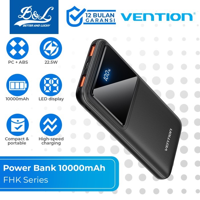 Jual VENTION FHK Power Bank 10000mAh 3 Ports 20W Fast Charging LED ...