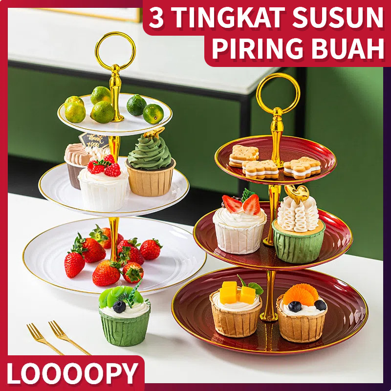 Jual LOOOOPY Stand Kue Tepi Emas/Piring Buah Unik 3 Susun Piring Kue Piring Permen Piring Buah 3 ...