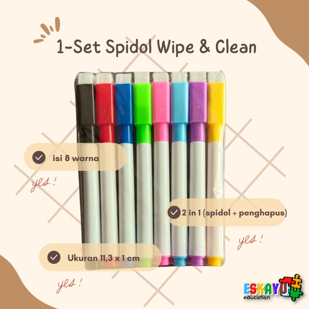 Jual 1 SET 8PCS SPIDOL WARNA WARNI + PENGHAPUS / SPIDOL WIPE AND CLEAN ...