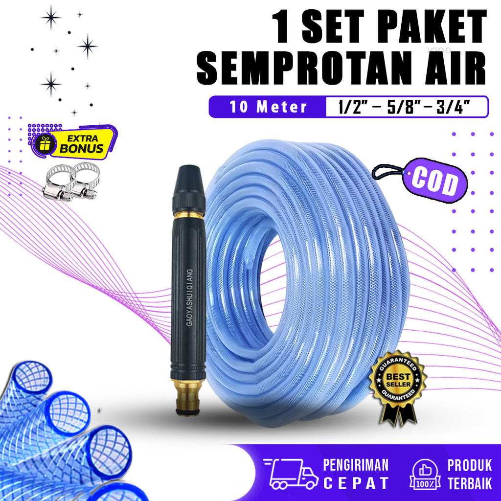 Jual SATU SET PAKET SEMPROTAN SELANG AIR 1/2 5/8 3/4 INCH 10 METER SERAT BENANG TRANSPARANT JET ...