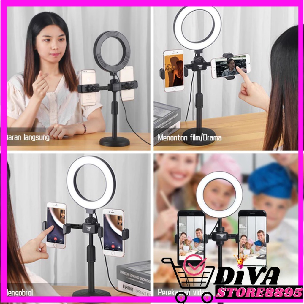 Jual Ring Light Tripod 2 Holder Stand Handphone Ganda Live Streaming ...