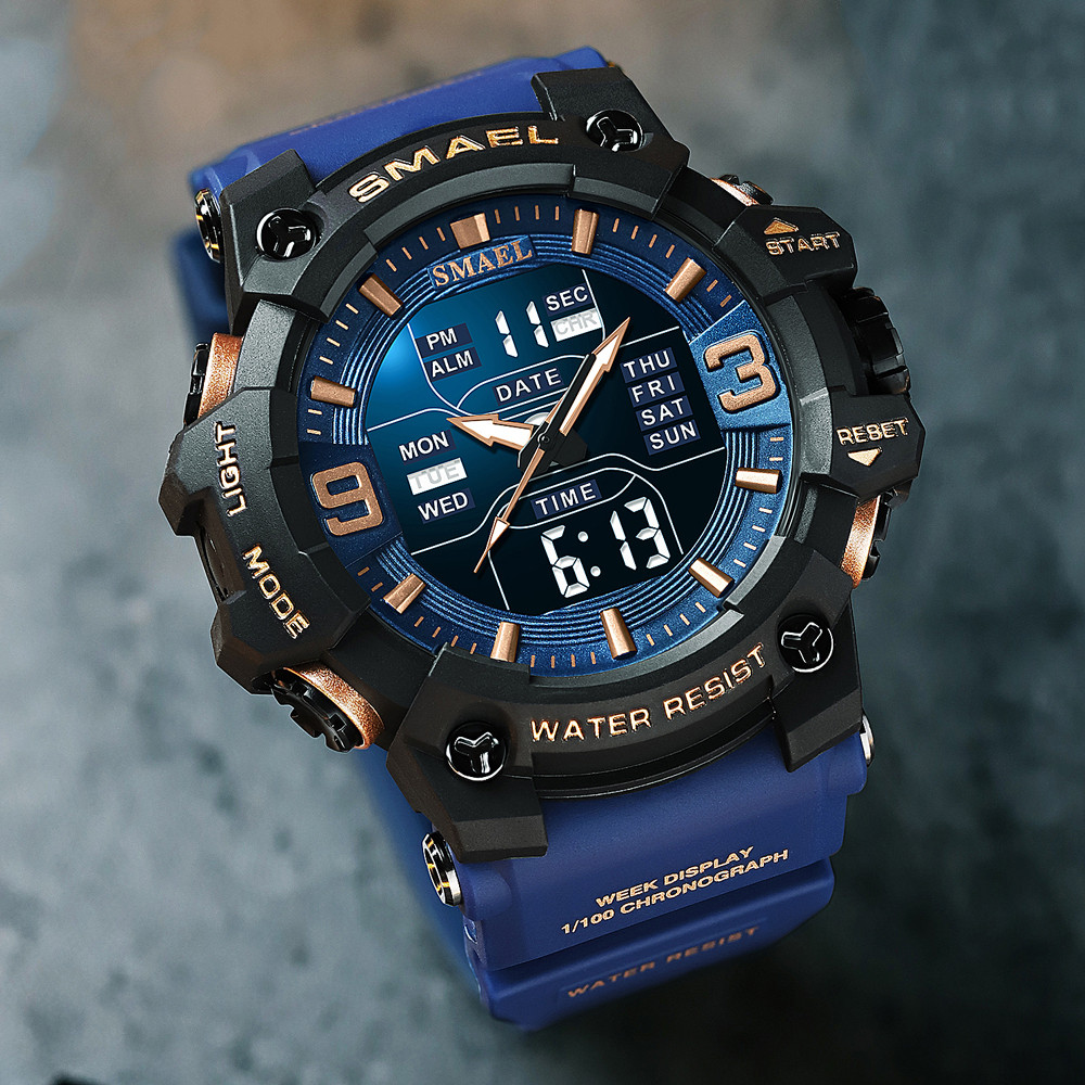 Jual Sports Watch for Men Blue Dual Time Display Wristwatch Male ...