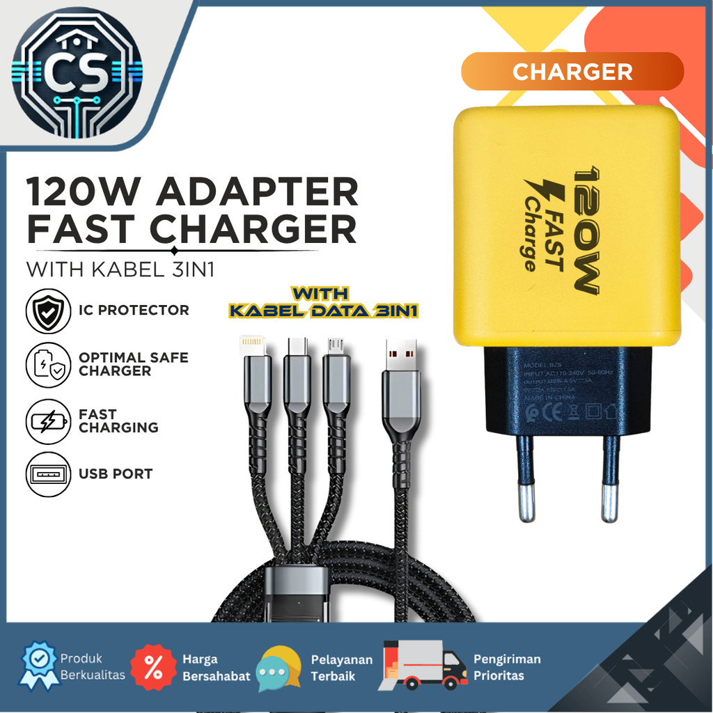Jual Casan HP 120W Fast Charging + Kabel Data 3 in 1 Type-C Lightning ...