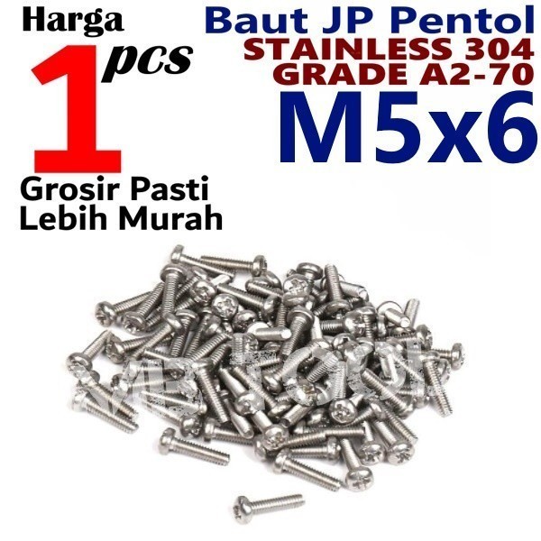 Jual Baut JP M5x6 Stainless Steel SUS 304 A2-70 Kepala Bulat Obang Plus M5 | Shopee Indonesia
