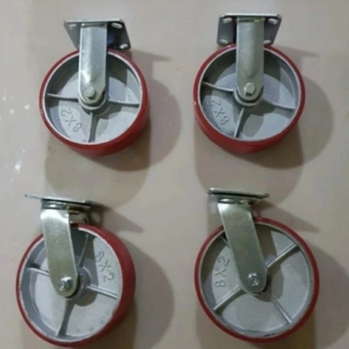 Jual Roda Troli Pu Merah 8 inch Heavy Duty Caster 1 Set ( 2Hidup 2Mati ...