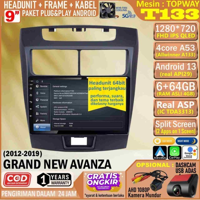 Jual Paket Headunit Android 9 inch + Frame + Soket PNP Toyota Avanza ...