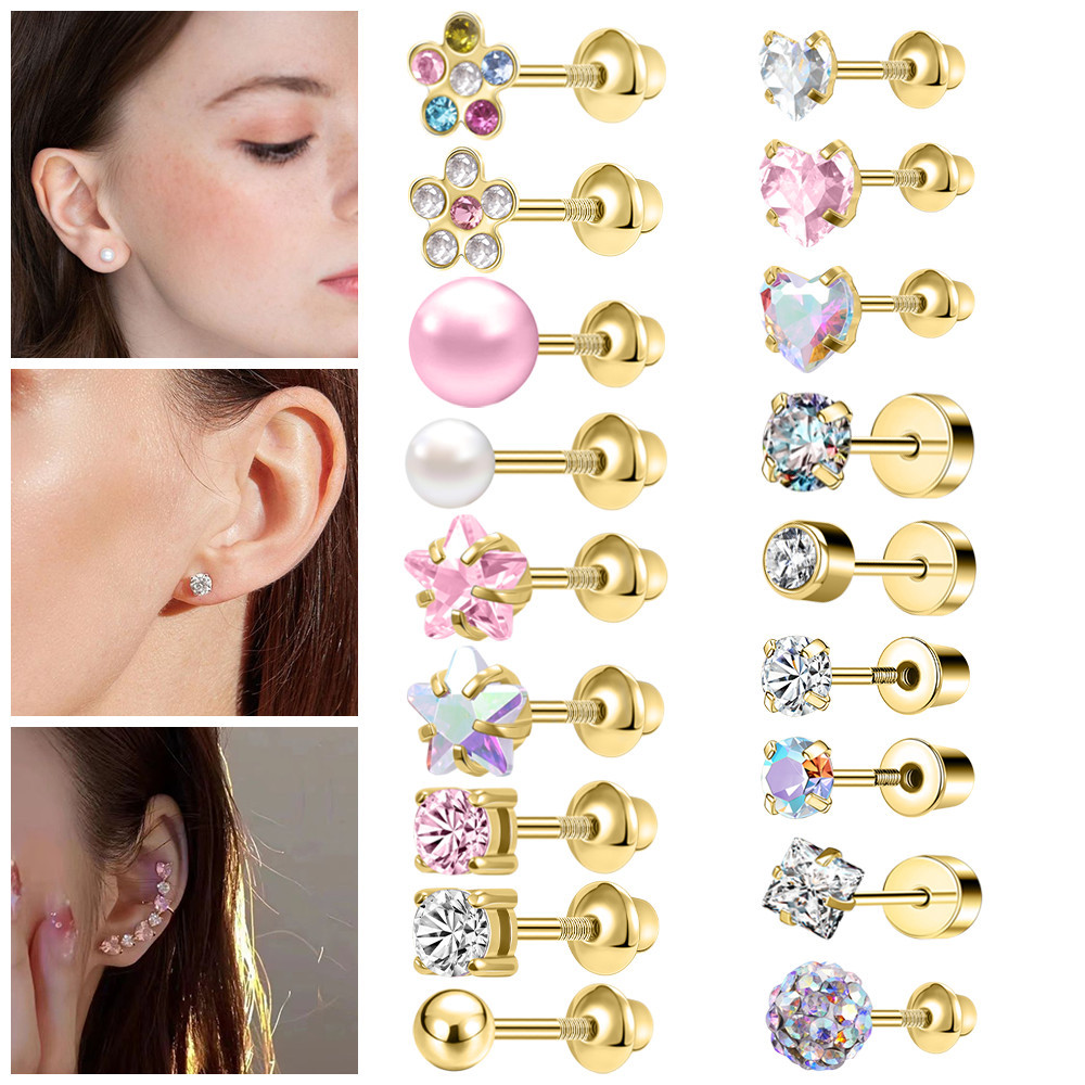 Jual 1 PC Ear Stud Gold Stainless Steel Ear Piercing Cubic Zircon Stud ...