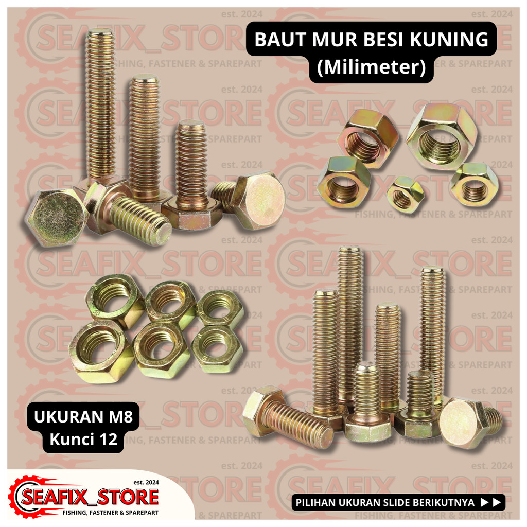 Jual BAUT MUR BESI KUNING M8 X (PANJANG TINGGAL PILIH) - BAUT MUR KUNCI ...