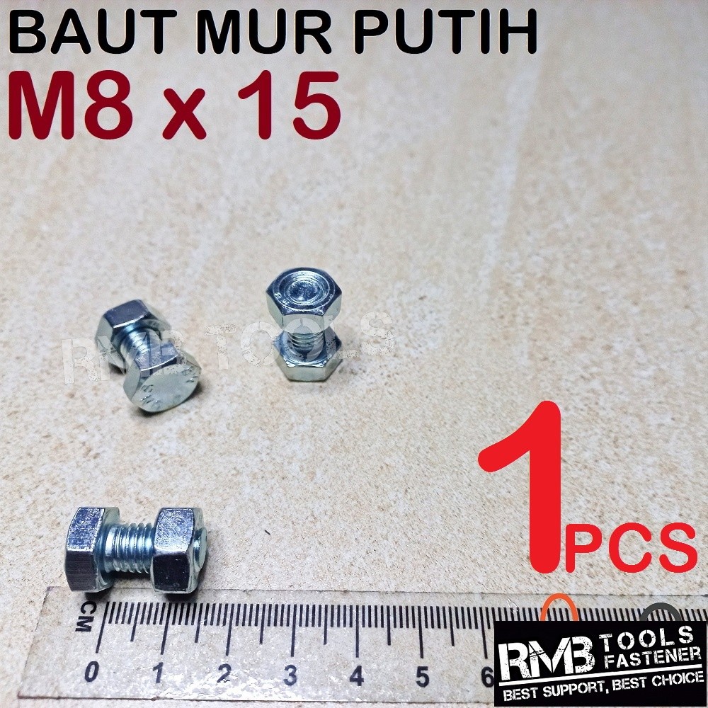 Jual M8x15 Baut Mur Rak Siku Lubang M8 x 15 / Baut Mur Hex Putih M8 BMP M8 Pitch 1.25 Kunci 13 ...