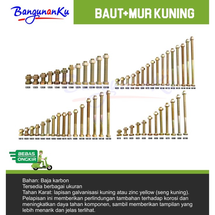 Jual BAUT MUR KUNING 6 / BAUR / MUR / SEKRUP / BAUT MUR SET /BAUT + MUR ...