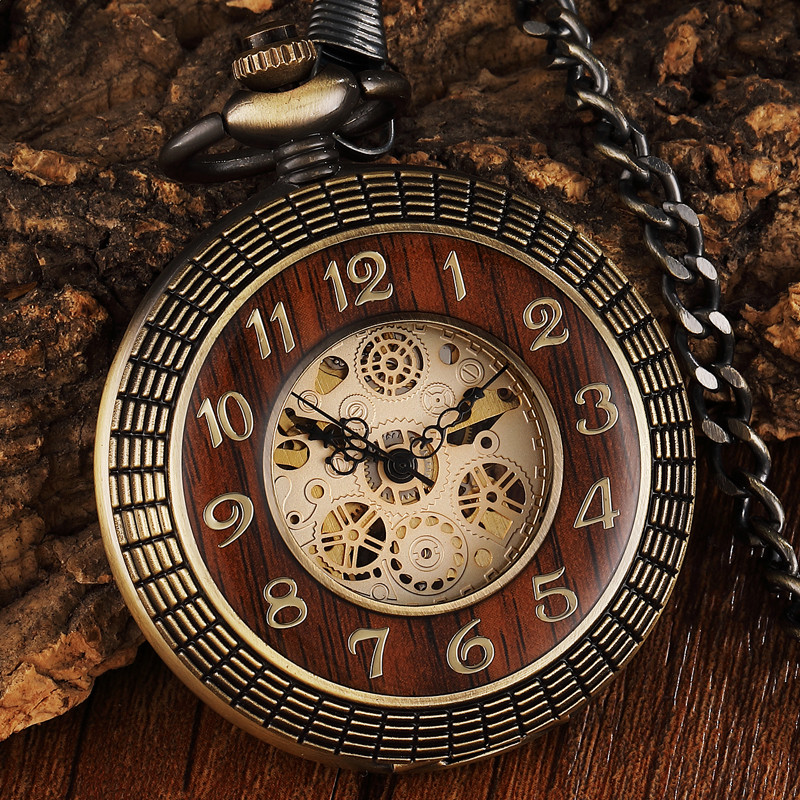 Jual Vintage Wood Circle Carved Number Dial Mechanical Pocket Watch Men ...