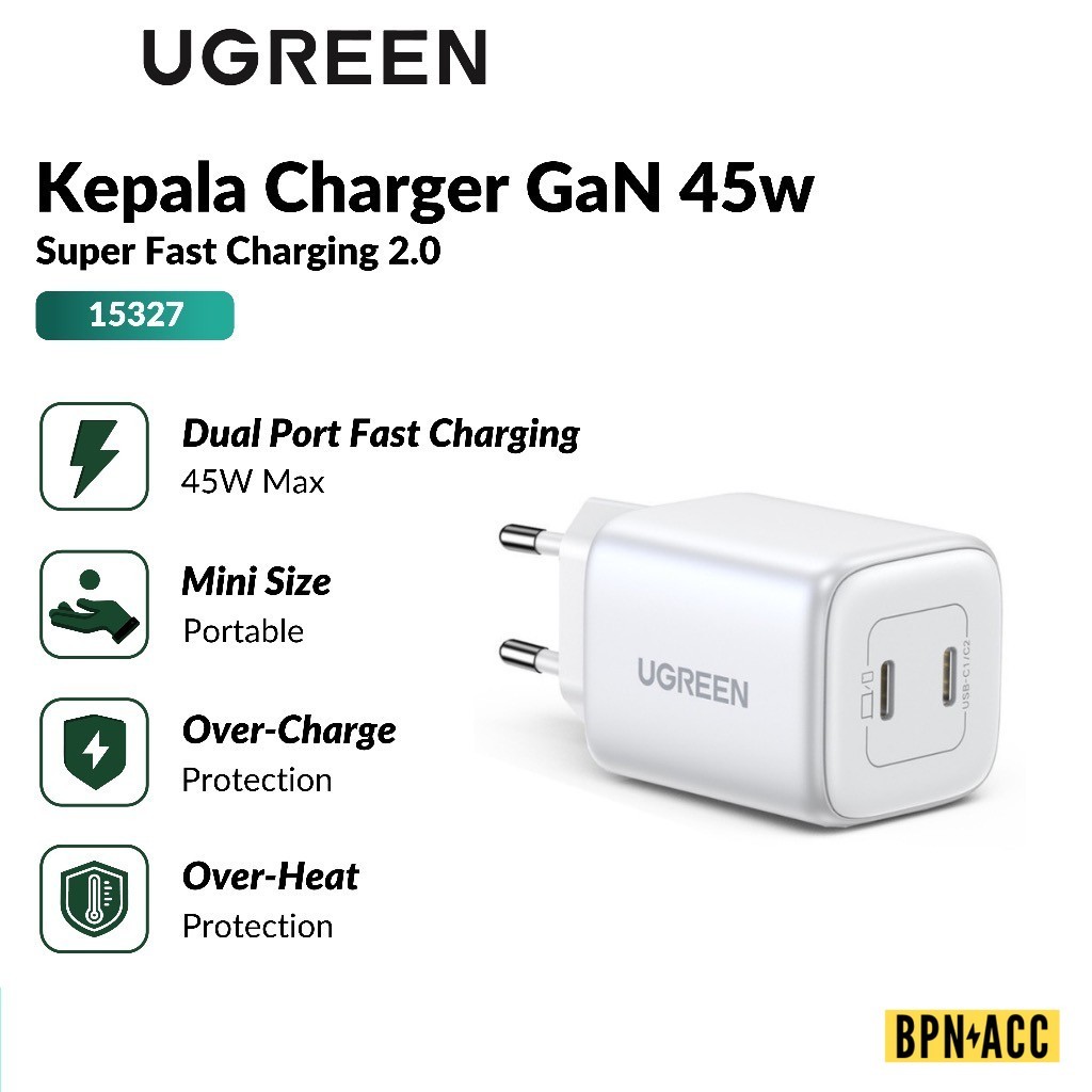 Jual UGREEN 45W Adapter Nexode USB-C PD GaN Fast Charger Adaptor Fast Charging - White / 15327 ...