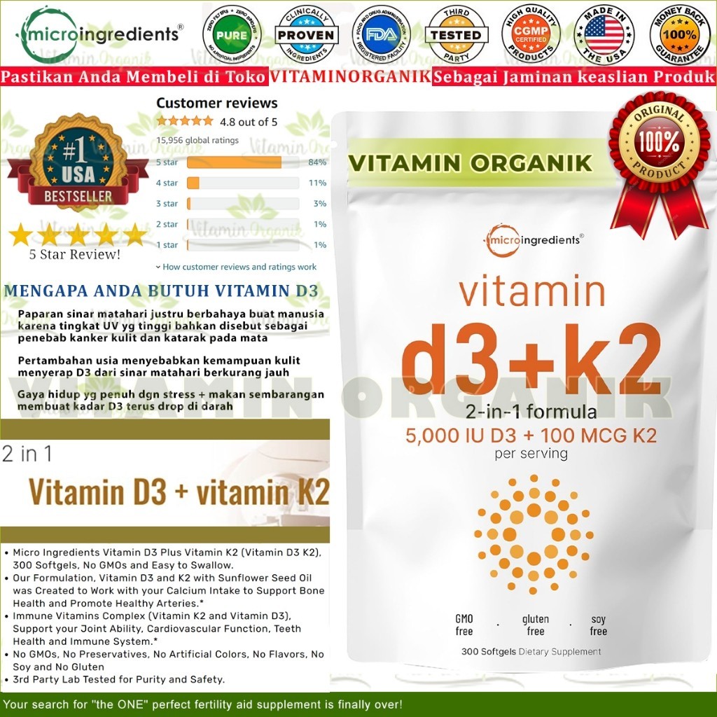 Jual D3K2 Vitamin D3 5000 IU + K2 100 mcg Micro Ingredients 300 ...