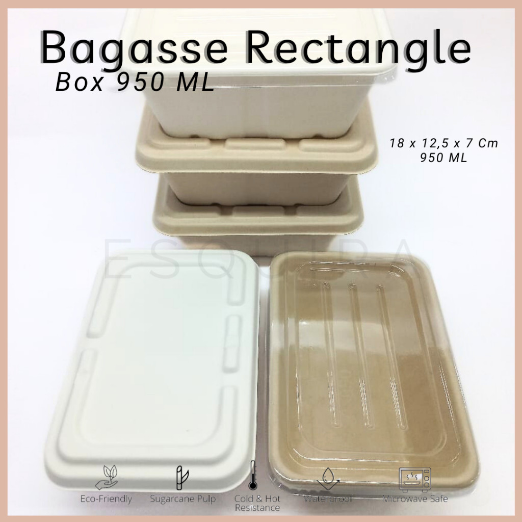 Jual (ECO) Bagasse Rectangle/Lunch Box 950 ML/10 PCS /Pulp Lid /Mika Lid / C950 | Shopee Indonesia