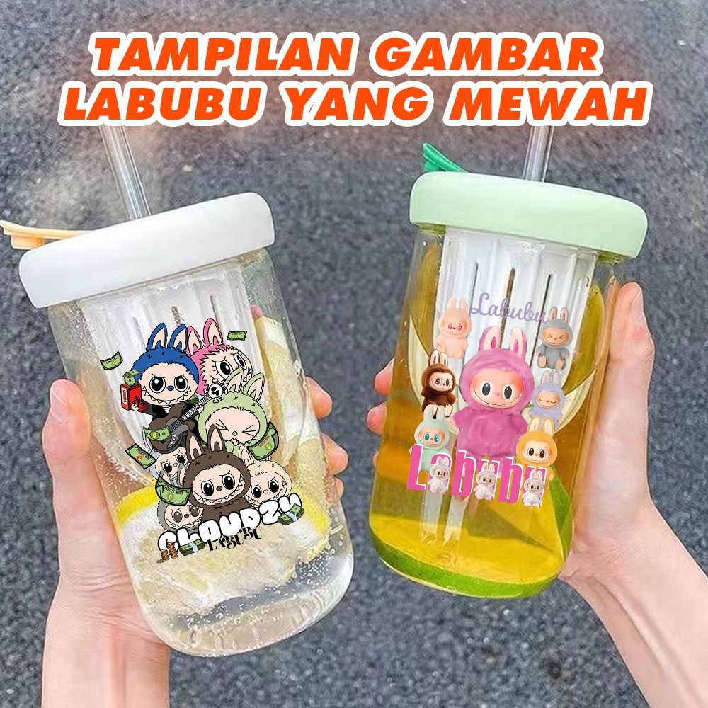 Jual TUMBLER MINUM INFUSED WATER LABUBU - BOTTLE LABUBU BAHAN KACA INCLUDE FILTER 450 ML ...