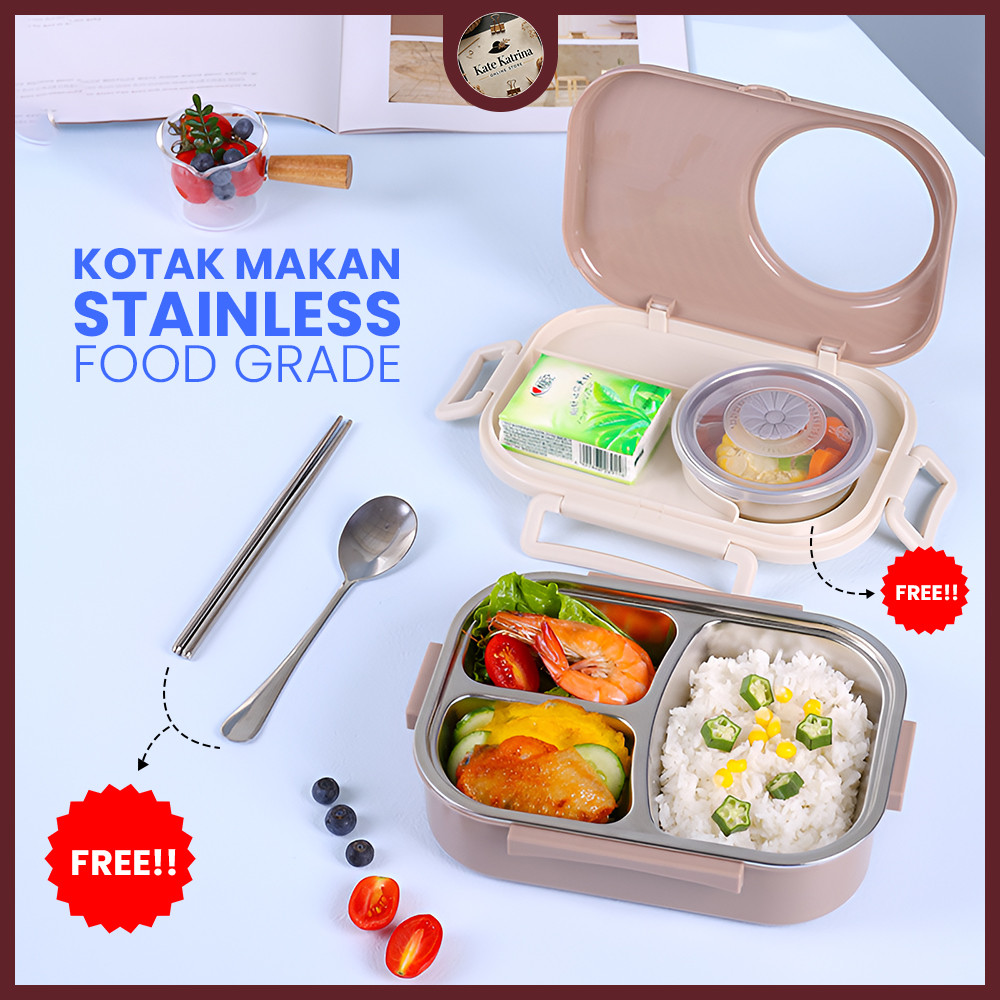 Jual KK Lunch Box Kotak Makan 3 Sekat Stainless Steel Dengan Mangkok | Shopee Indonesia