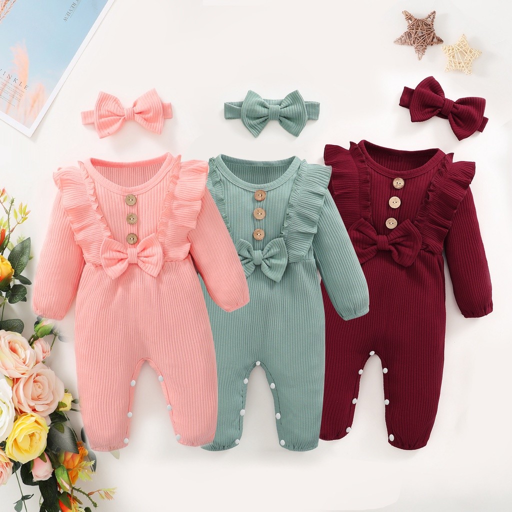 Jual baju baby girl Bodysuit 0-18 Months Newborn Baby Clothing Set Long Sleeved Ruffle Solid ...