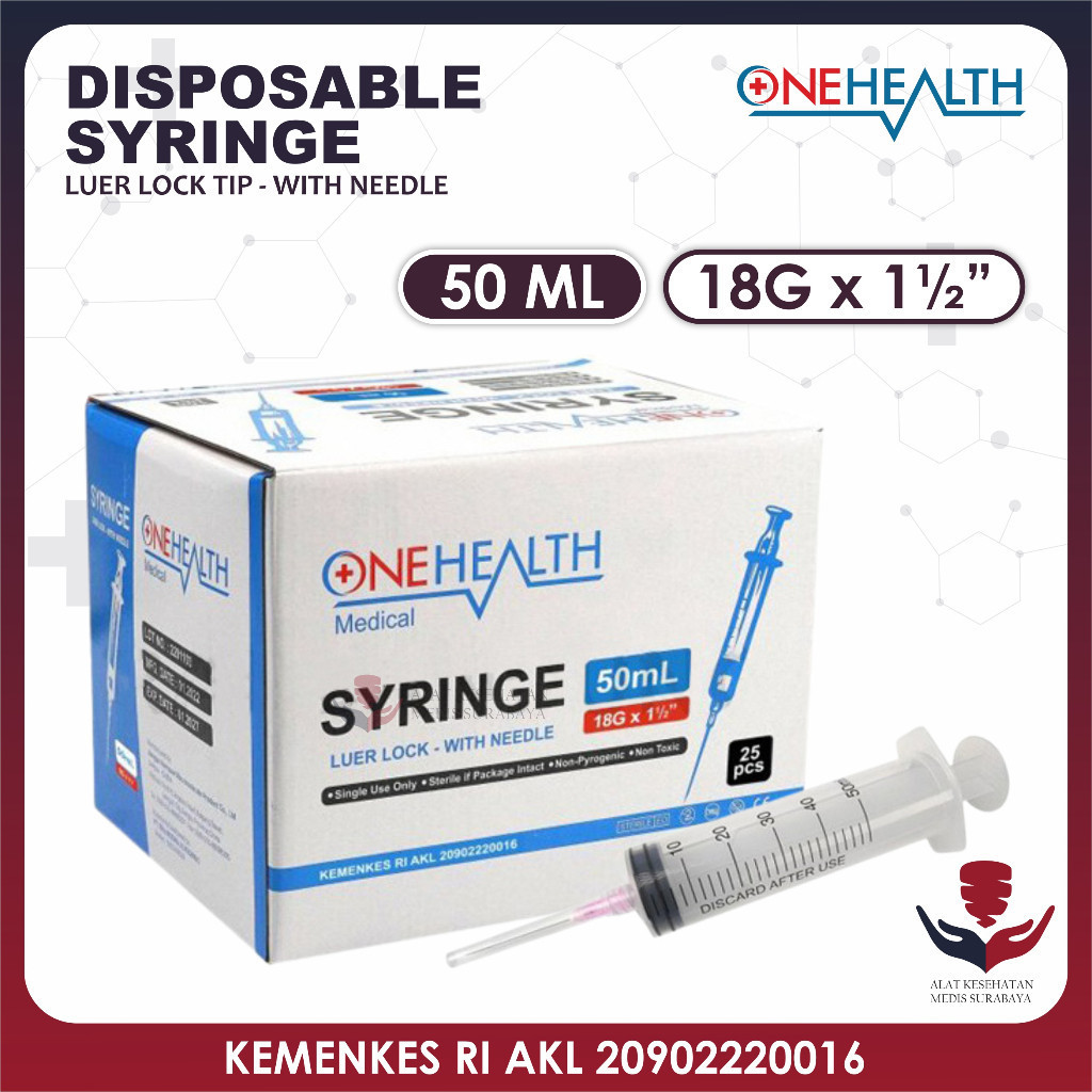 Jual OneHealth Syringe With Needle 50ml 50cc Luer Lock Tip Teknik Dengan Jarum Alat Suntikan ...