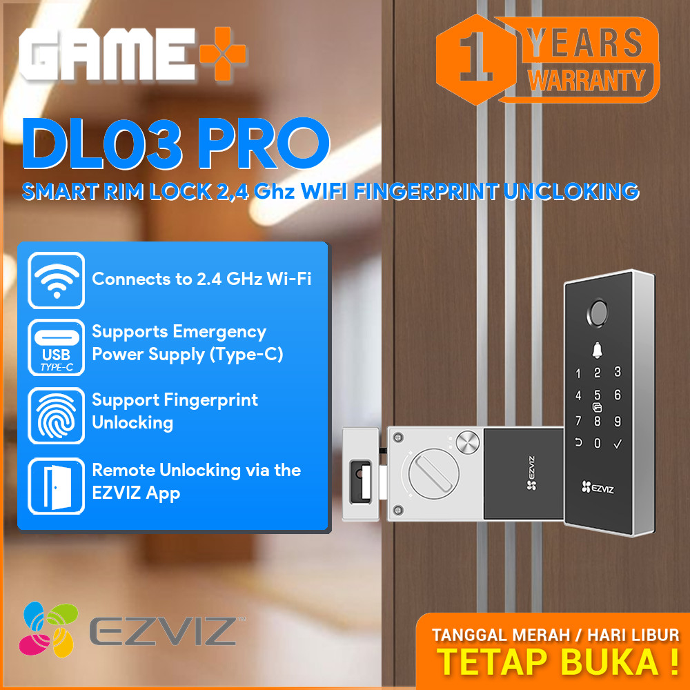 Jual EZVIZ DL03 PRO SMART RIM LOCK 2,4 GHZ WIFI FINGERPRINT UNCLOKING ...