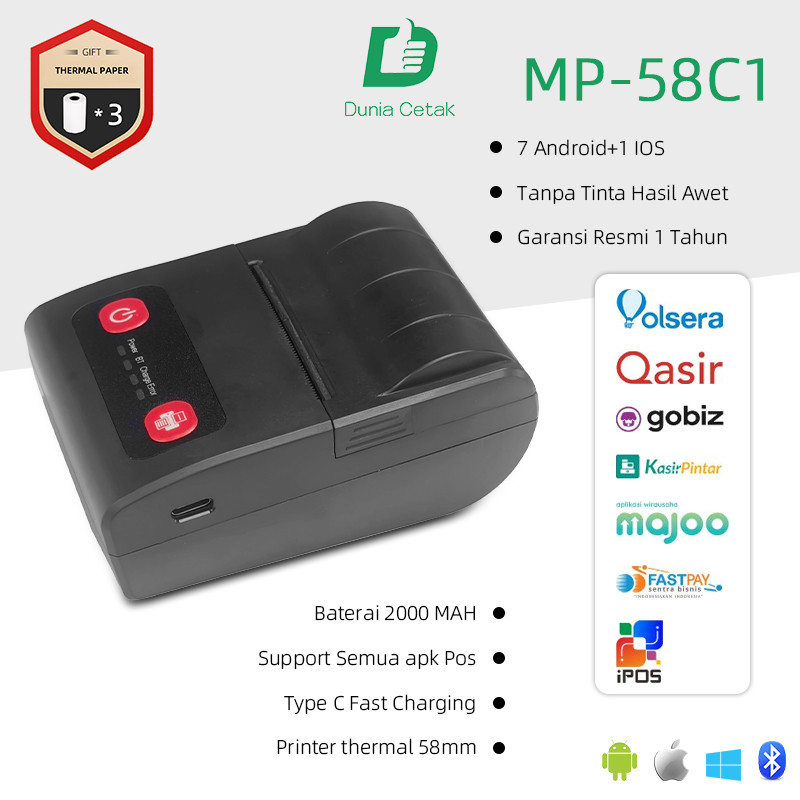 Jual PRINTER BLUETOOTH MINI MOBILE THERMAL PORTABLE RECEIPT PPOB / KASIR 58MM MP58C1- PRINT ...