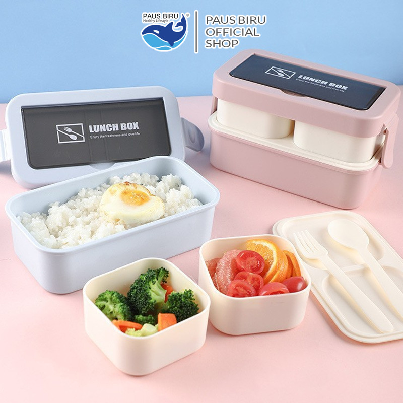 Jual Paus Biru - Lunch Box Set 2 Tingkat 1250ml Anti tumpah Free Sendok Garpu Kotak Bekal ...