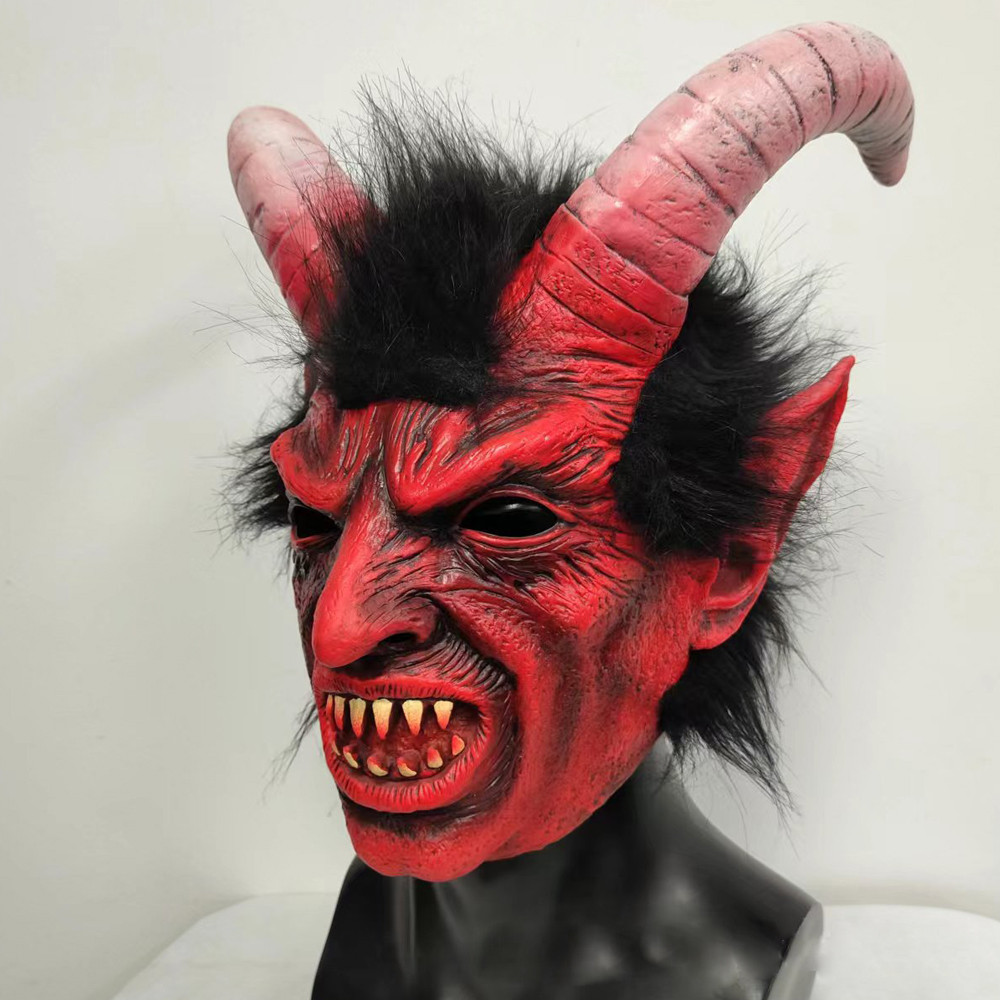 Jual Horror Lucifer Face Red Demon Mask Cosplay Devil Animal Horn Latex ...