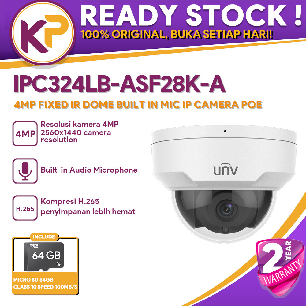 Jual UNV IPC324LB-ASF28K-A 4MP FIXED IR DOME BUILT IN MIC IP CAMERA POE FREE MICRO SD 64GB ...