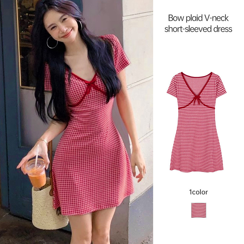 Jual Gaun lengan pendek kerah V kotak-kotak merah gaun pendek pita ...