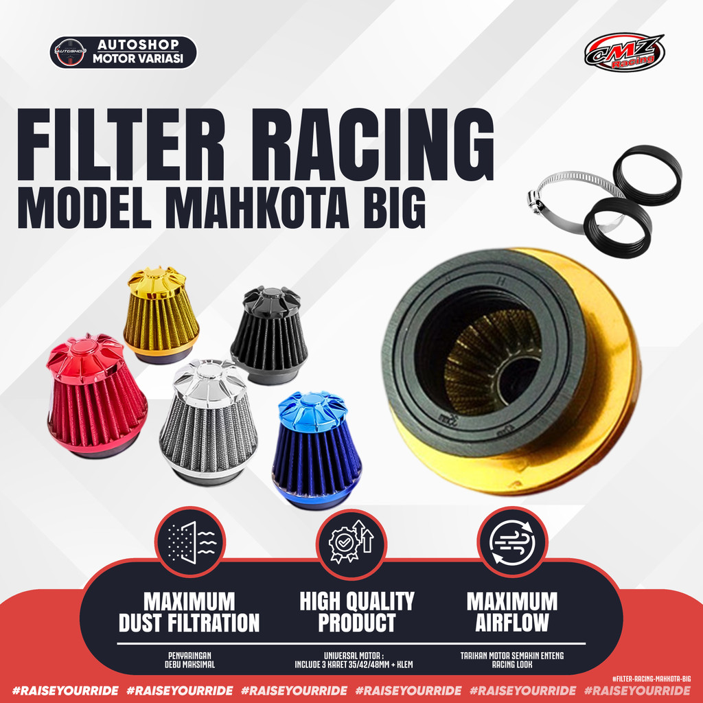 Jual Filter Racing Mahkota Big – Filter Udara Motor 3 Inch, Karet 35/42 ...