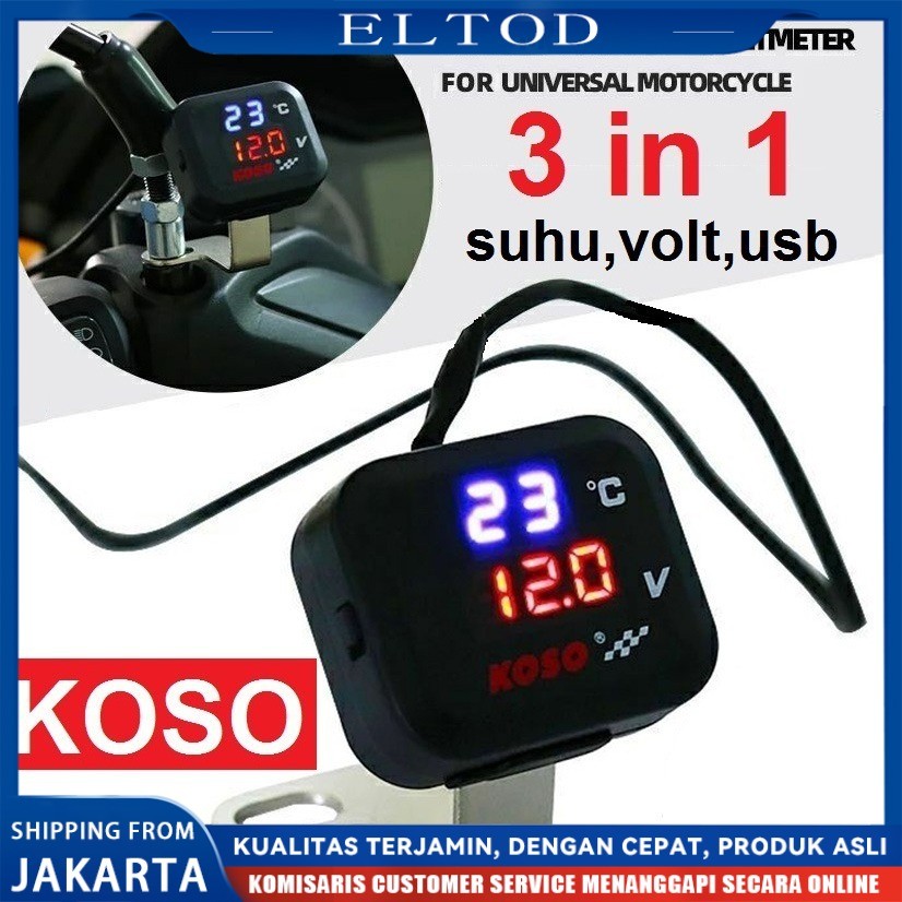 Jual Koso Voltmeter 3in1 Pengukur Alat Ukur Tegangan Aki Suhu Digital Jam dengan USB Charger 12V ...