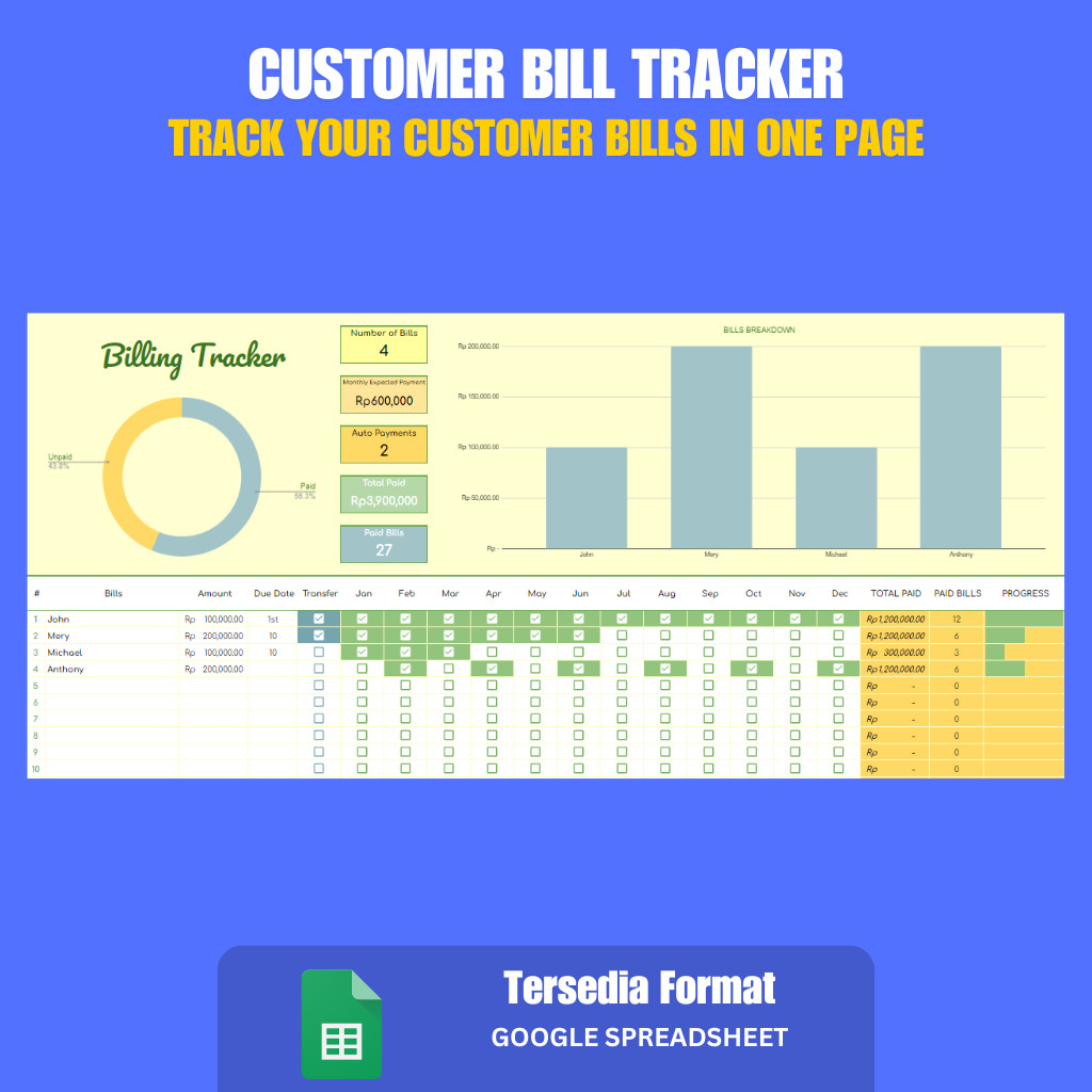 Jual Customer Billing Tracker Monthly Spreadsheet - Lacak Pembayaran ...