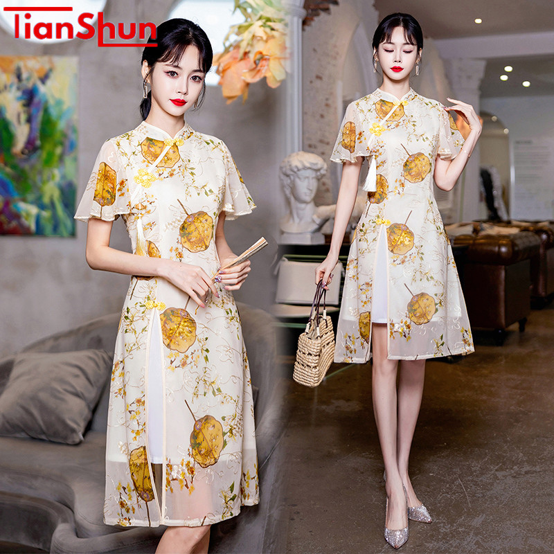 Jual TianShun Cheongsam Circular Fan Print Short Sleeve Beige Chiffon A ...