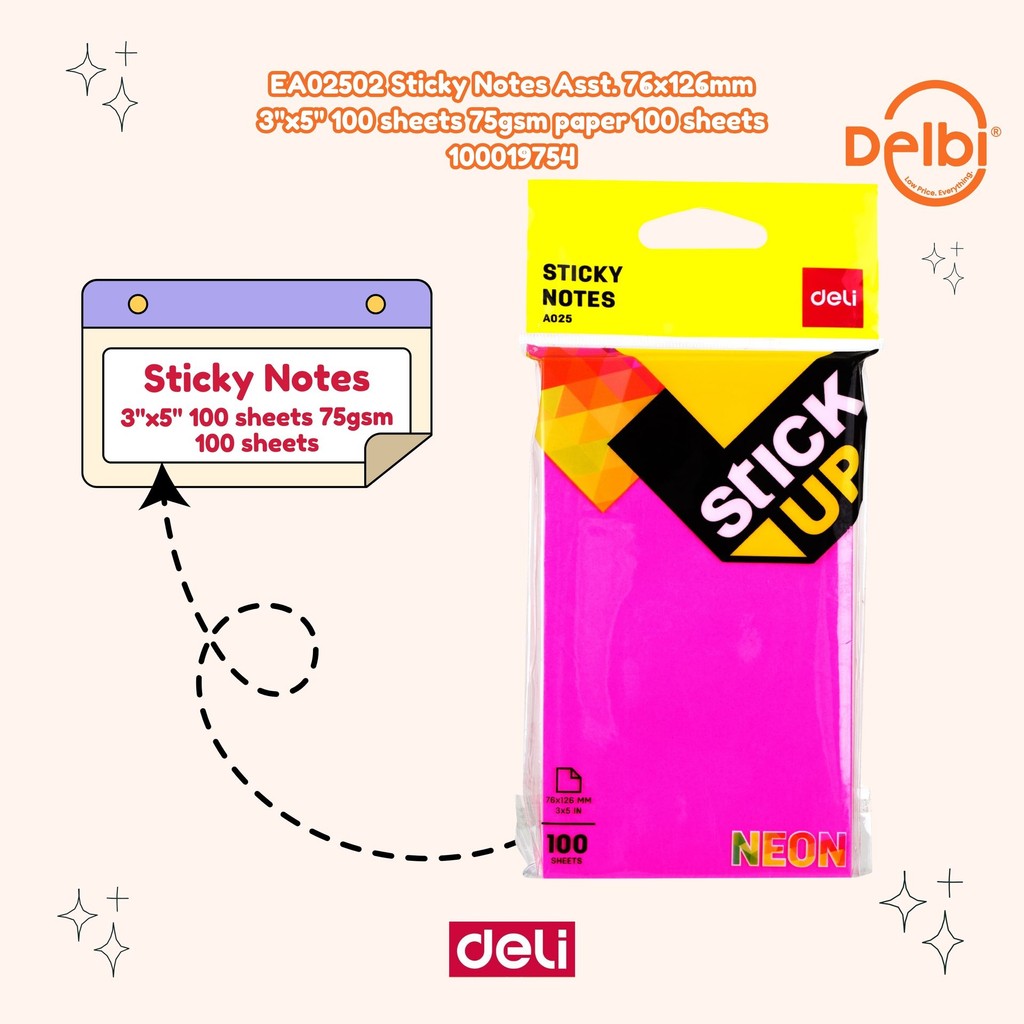 Jual Deli Sticky Notes Neon EA02502 76mmx126mm EA02502 Sticky Notes ...