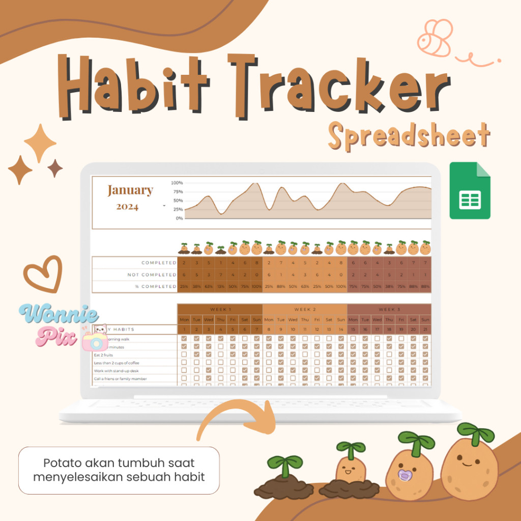 Jual Brikfid.pro Habit Tracker Spreadsheet - Cute Potato | Daily Weekly ...