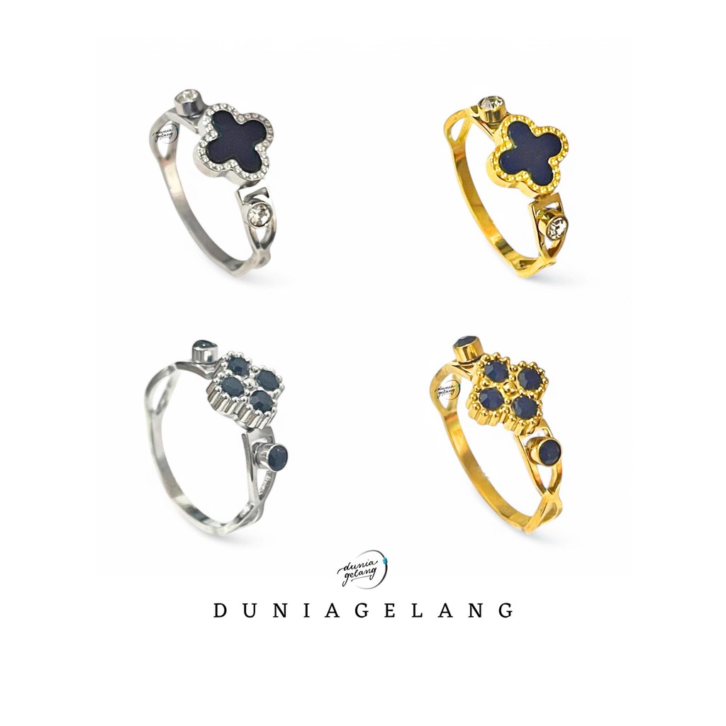 Jual Cincin Clover Bunga Permata Hitam Gold Silver Titanium 316L Cincin ...