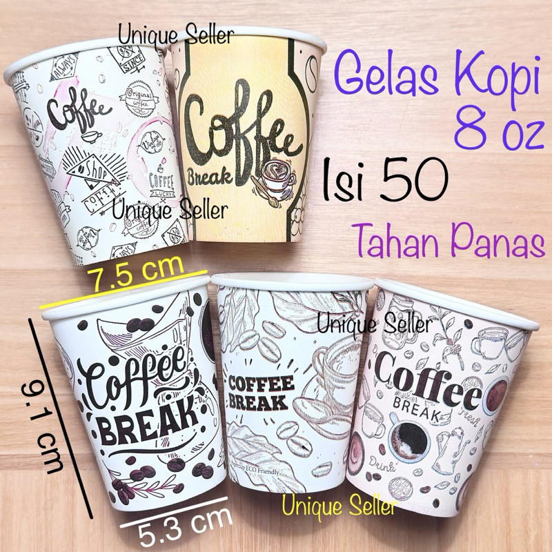 Jual [Isi 50] Paper Cup 8 oz / Gelas Kopi Kertas Tahan Panas 8 oz / Paper Cup Motif 8oz / Paper ...