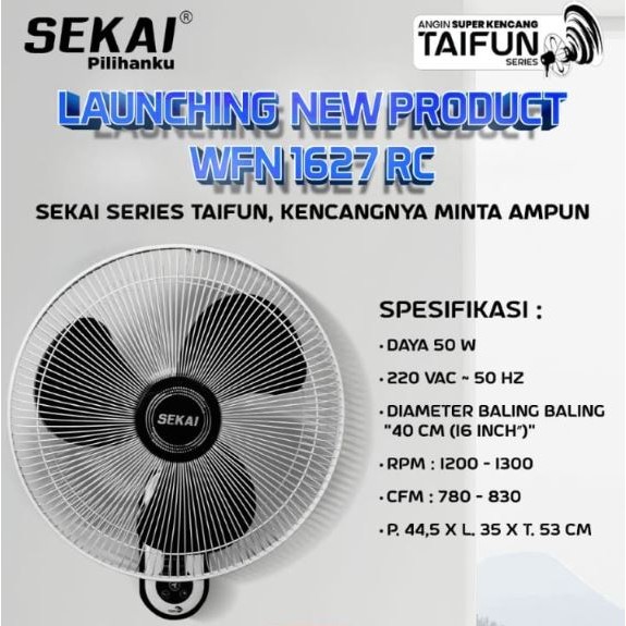 Jual Kipas angin SEKAI Wall Fan Remote Dinding WFN-1627 RC 16 Inch ...