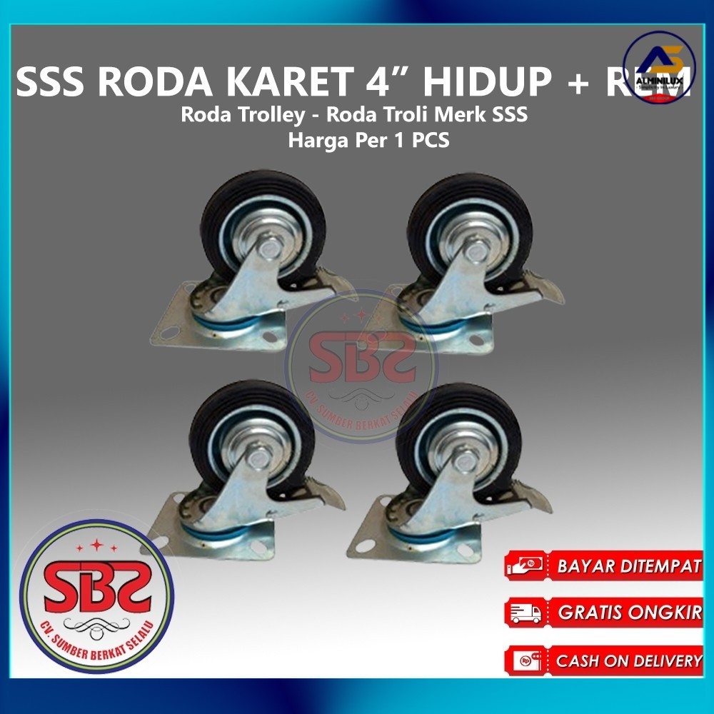Jual SSS Roda Kastor 4" 4 inch Hidup + Rem - Karet / Roda 4"/ Roda ...