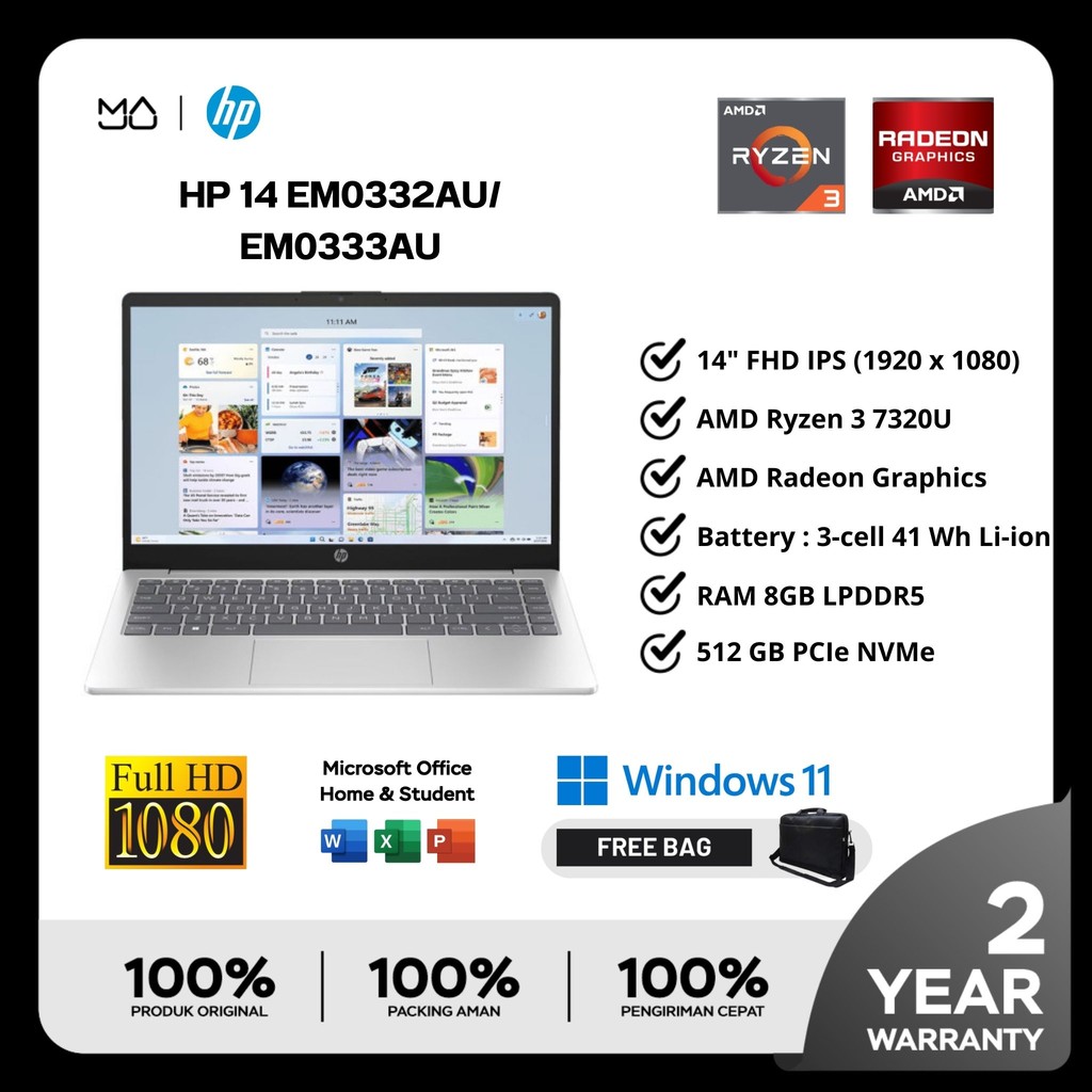 Jual Laptop HP 14-EM0332AU/EM0333AU Ryzen 3-7320U 512GB 14" FHD IPS W11 ...