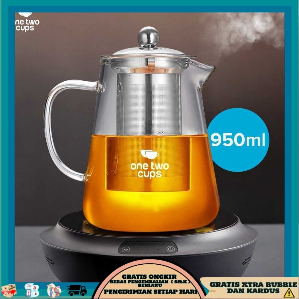 Jual TQK - One Two Cups Teko Teh Kaca Round Teapot Glass Tahan Panas Api with Saringan ...