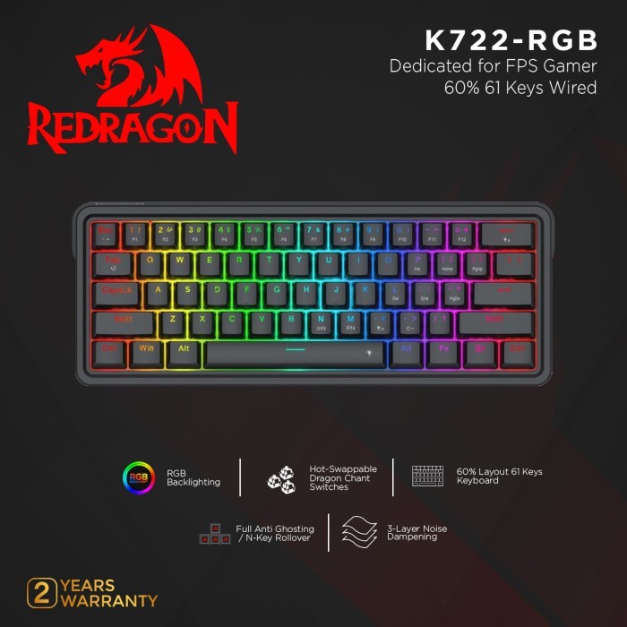 Jual Redragon 60% 61 Keys Wired Mechanical Gaming Keyboard RGB - K722 ...