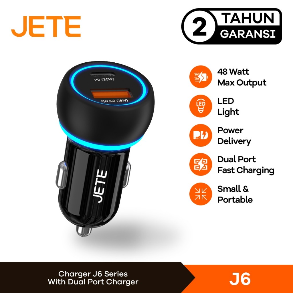 Jual JETE J6 Car Charger Dual Output 48W Type C PD & QC 3.0 with LED ...
