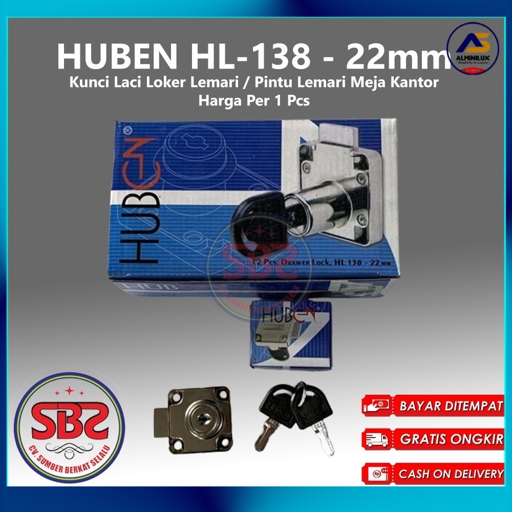 Jual HUBEN HL-138 Kunci Laci Huben Lubang 22mm - Drawer Lock HL138-22 ...