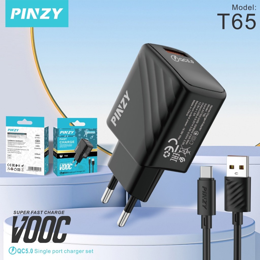 Jual PINZY CHARGER SET T65 SUPER FAST CHARGING VOOC SINGLE USB + KABEL MICRO / LIGHNTING / TIPE ...
